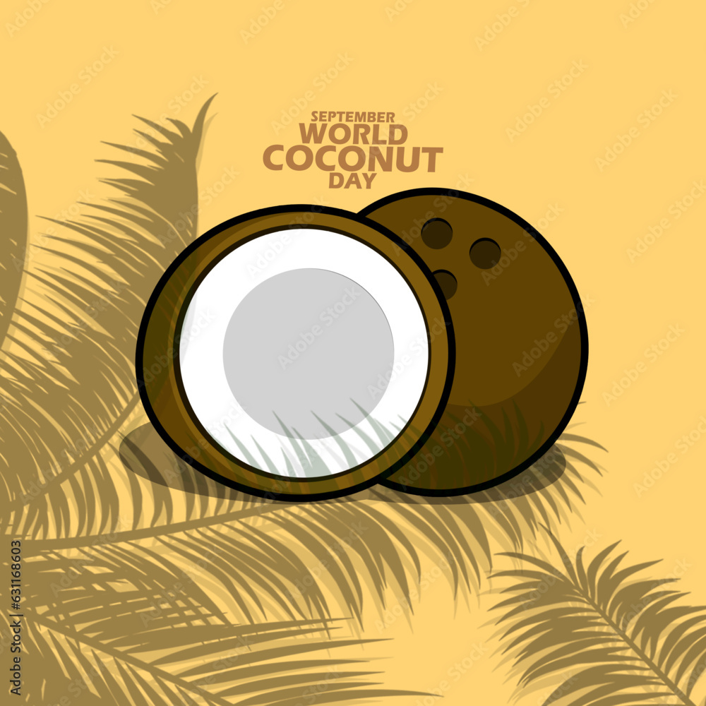 Fresh coconut with palm leaf shadow and bold text on light brown ...