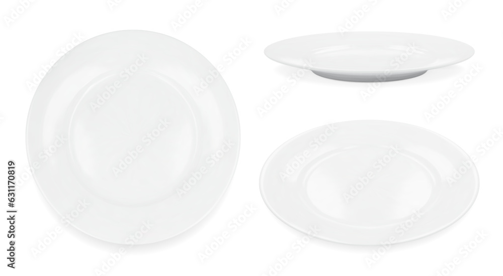 Set of 3 white round empty plates, side view iand top view with ...