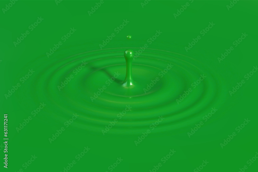 Green paint drop falling on surface background, creating round ripple ...