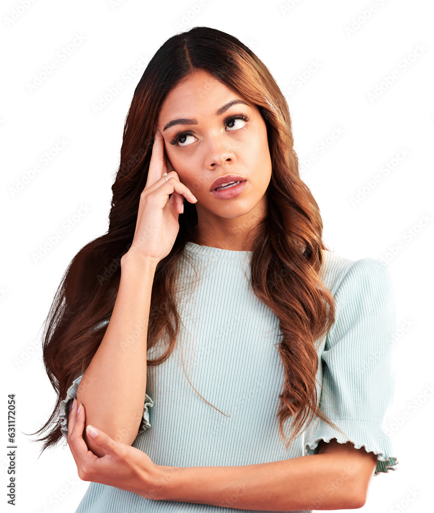 Thinking, doubt and woman confused isolated on transparent png ...
