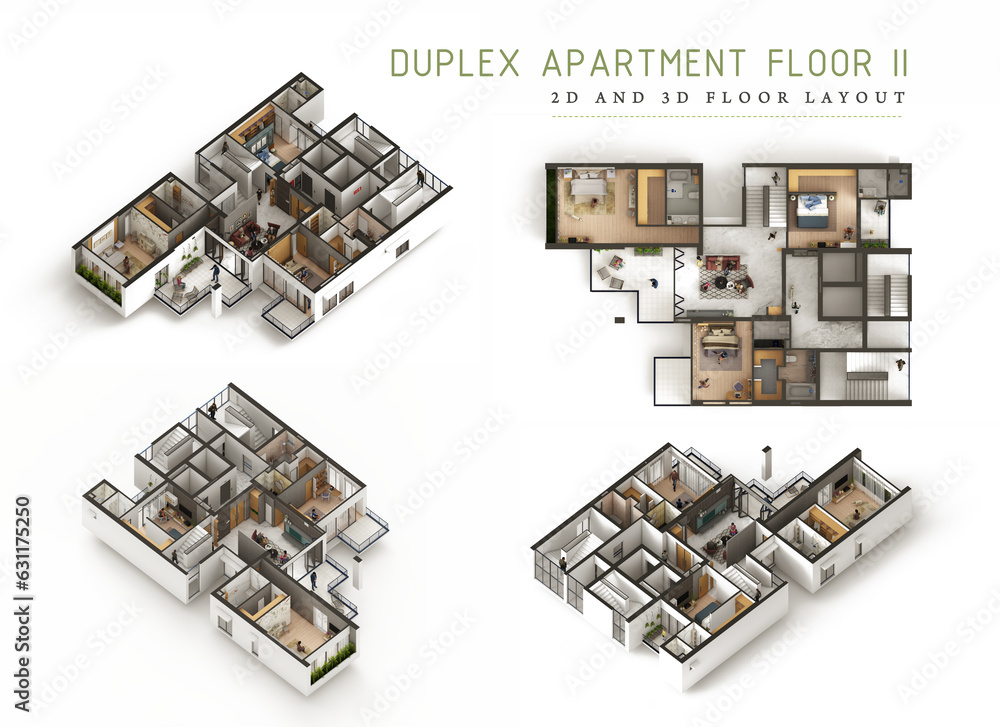 4 bedroom duplex apartment isometric view and 2d plan 3d rendering AI ...
