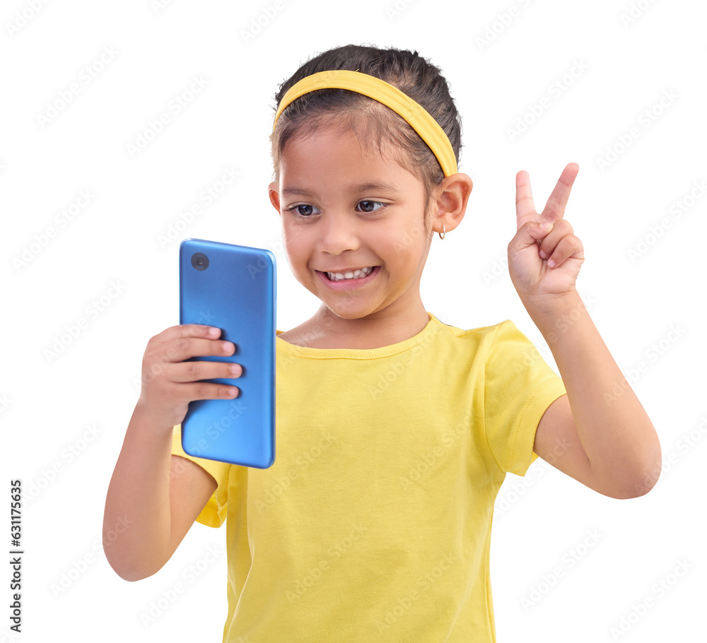Selfie, girl and kid with peace hand sign, social media and memory ...