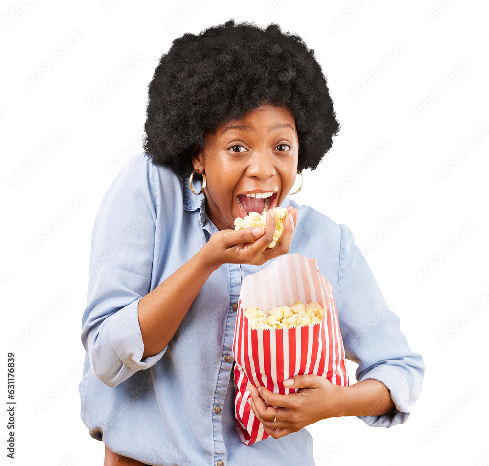 Portrait, eating and black woman with popcorn in movie, streaming ...
