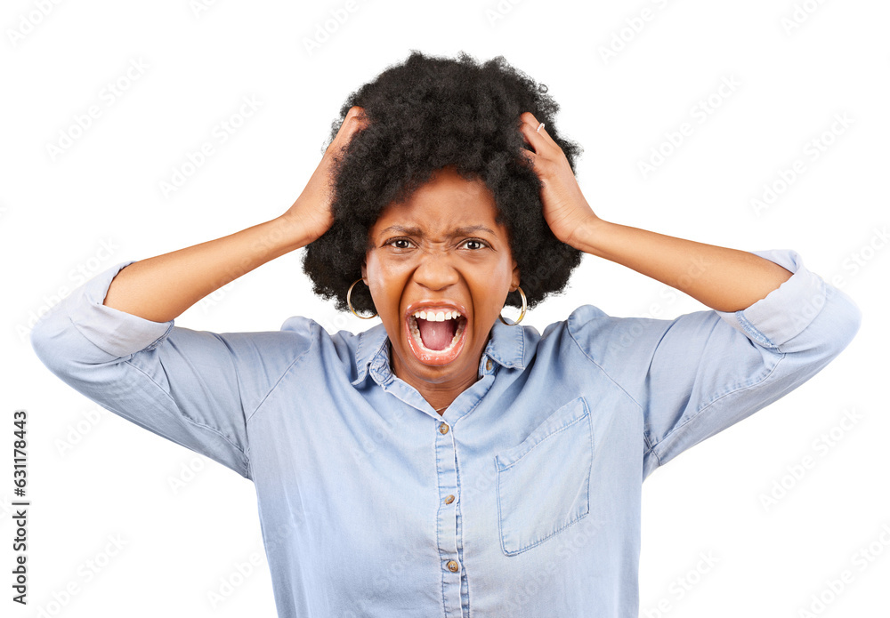 Shouting, anxiety and portrait of angry black woman with hands of ...
