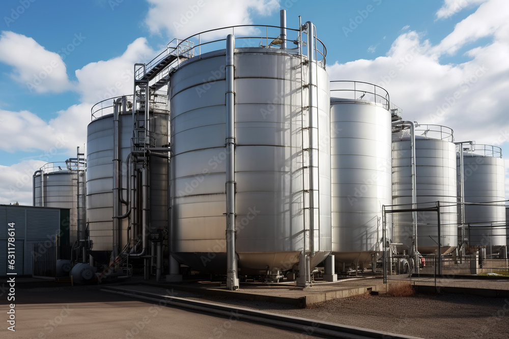 Chemical area with row of storage tanks and pipes. Generative AI. Stock ...