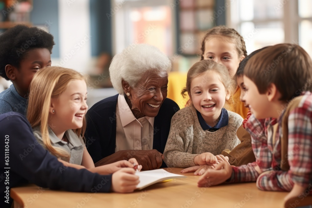 Foto de Older teachers interact with young students in a classroom ...