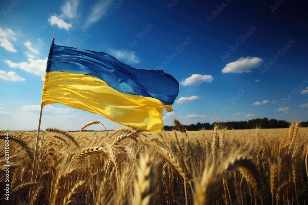 Ukrainian flag on wheat field against blue sky background. Independence ...