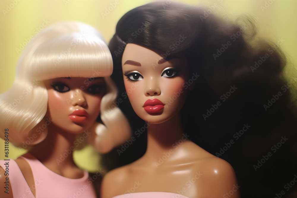 vintage blond and poc doll in 60s or 70s style faded retro photo ...