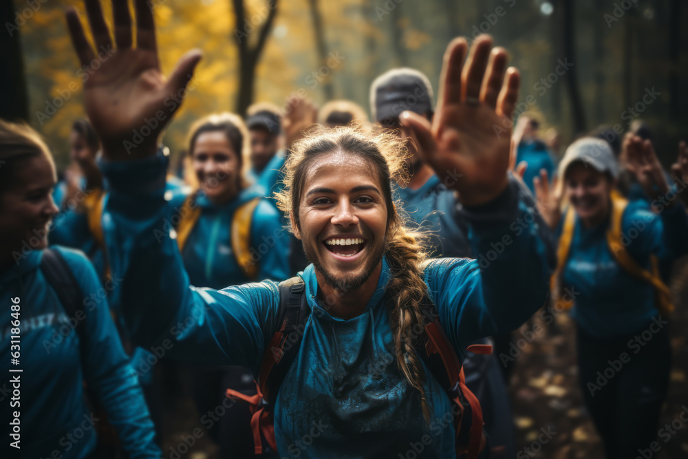 A group of friends cheering and high-fiving after completing a fun and ...