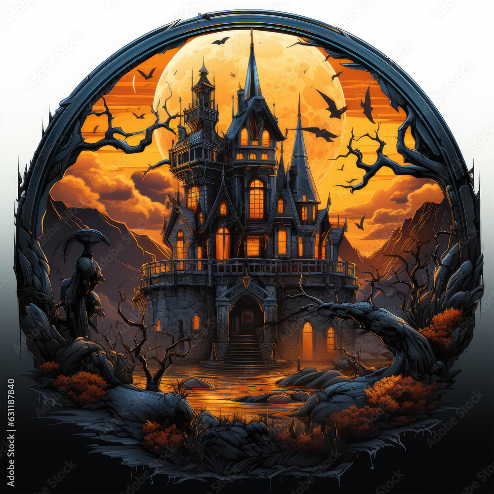 A futuristic and dystopian halloween haunted house t-shirt design ...