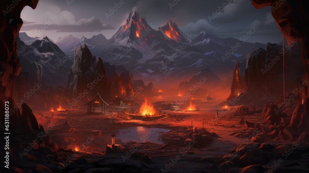 Depict a forge nestled near a volcano where mythical weapons are ...