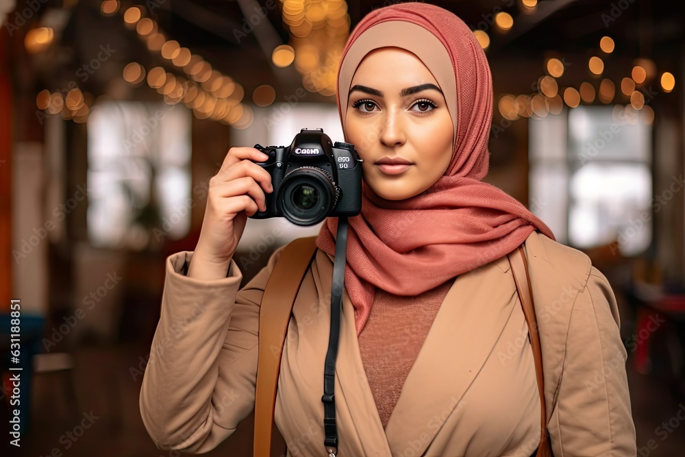 Muslim Hijabi Content creator influencer with camera portrait Stock ...