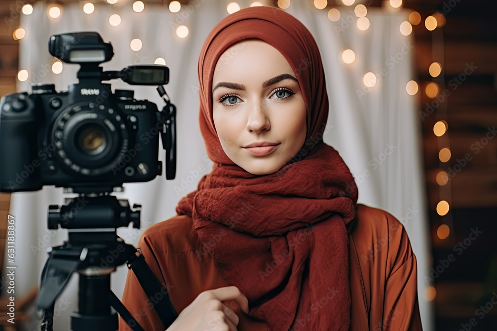 Muslim Hijabi Content creator influencer with camera portrait ...