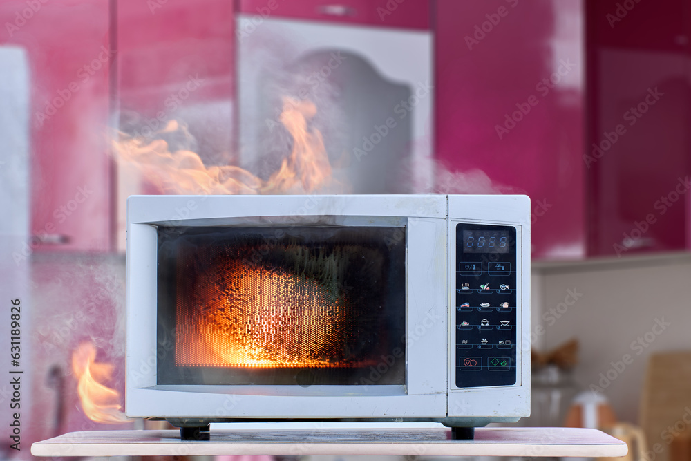 Electric fire from malfunctioning microwave with smoke and open flames ...