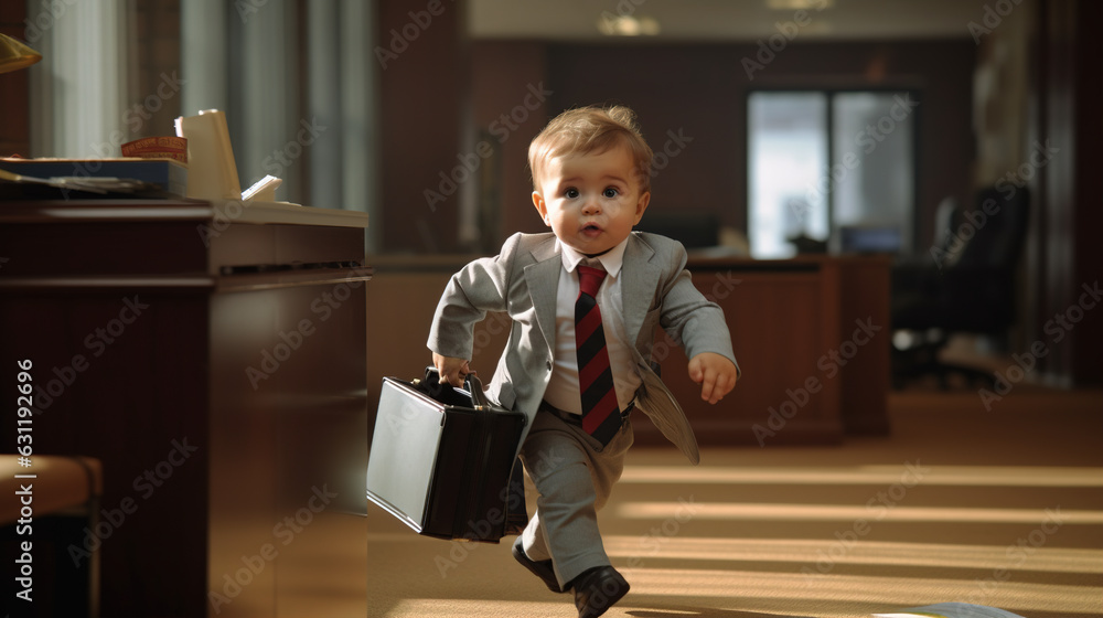 A cute baby is shown dragging a tiny briefcase around the "office ...