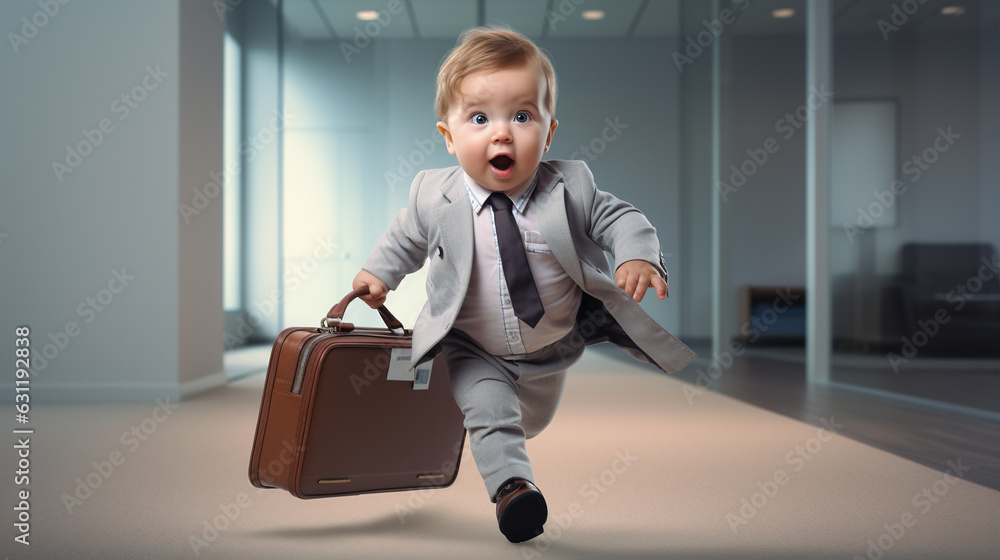 A cute baby is shown dragging a tiny briefcase around the "office ...