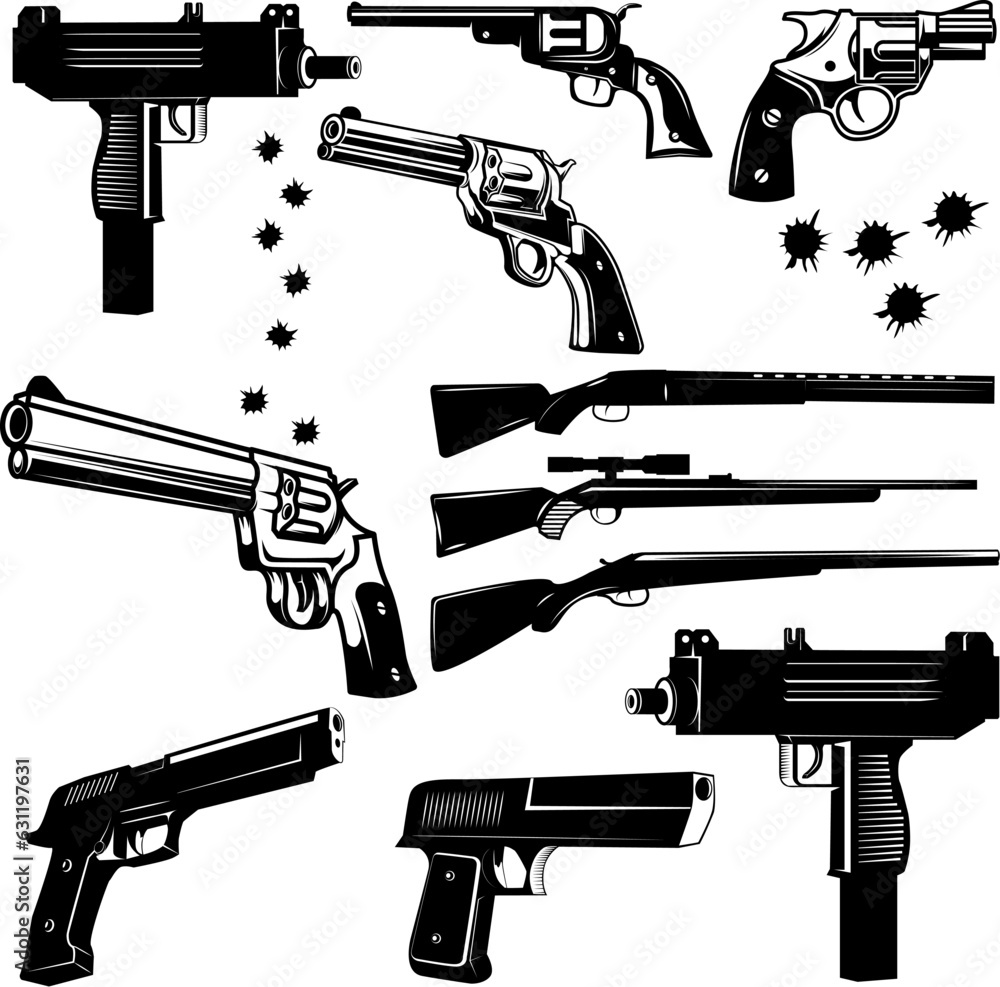 Big set of pistols and bullet holes isolated on white background ...