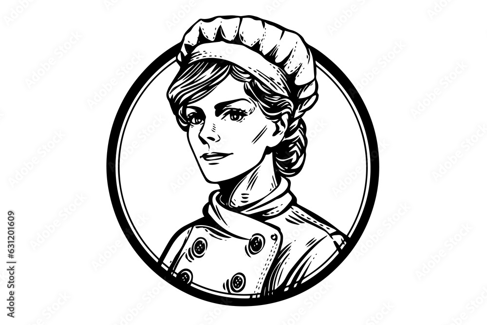 Woman chef ink sketch in engraving style. Drawing young female vector ...