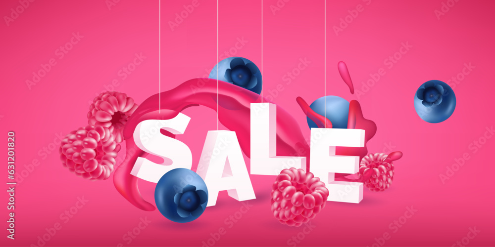 Realistic berry splash liquid juice. 3d Blueberry, raspberry in a fresh ...