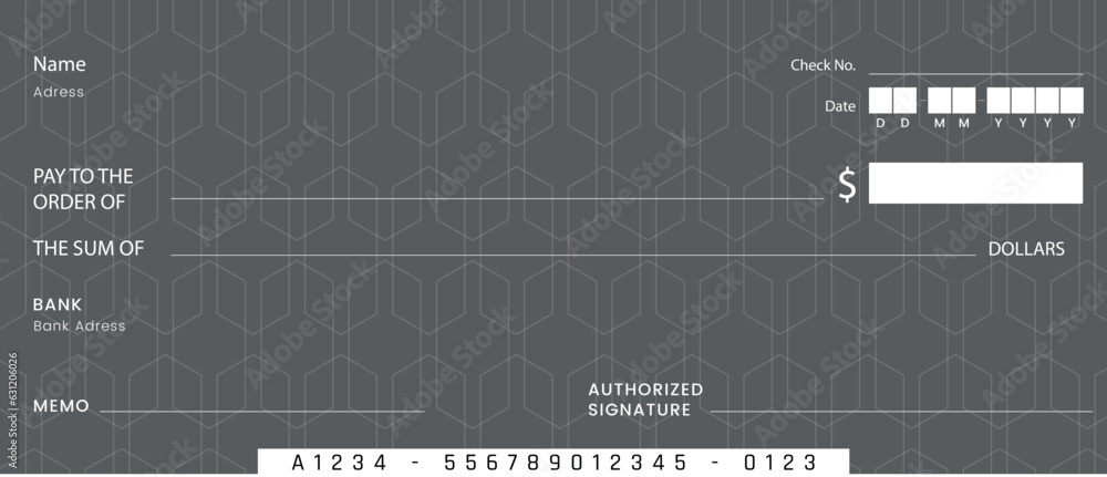 Blank bank cheque. Personal desk check template with empty field to ...