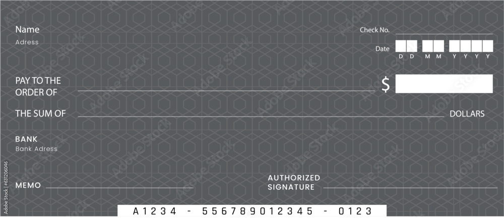 Blank bank cheque. Personal desk check template with empty field to ...