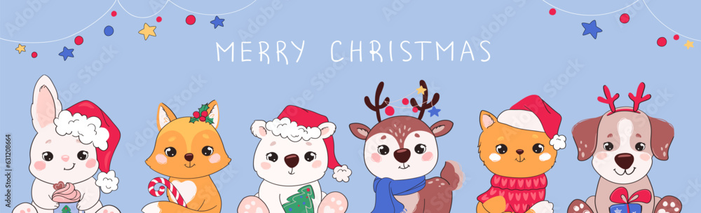 Christmas cute banner with animals. Funny cartoon characters on new ...