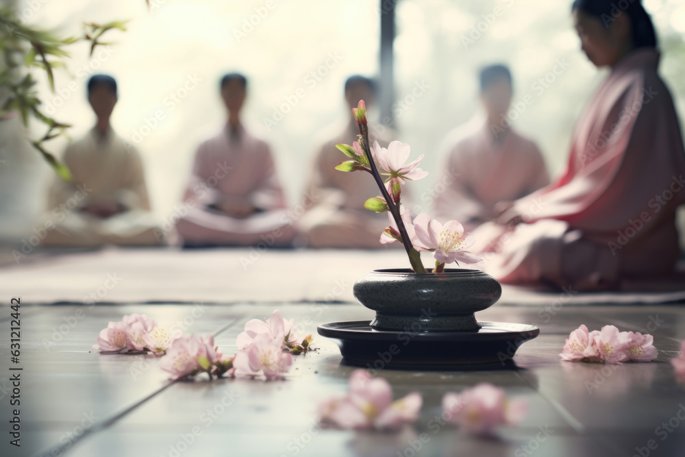 Female monks in deep concentration practicing zen meditation in a ...