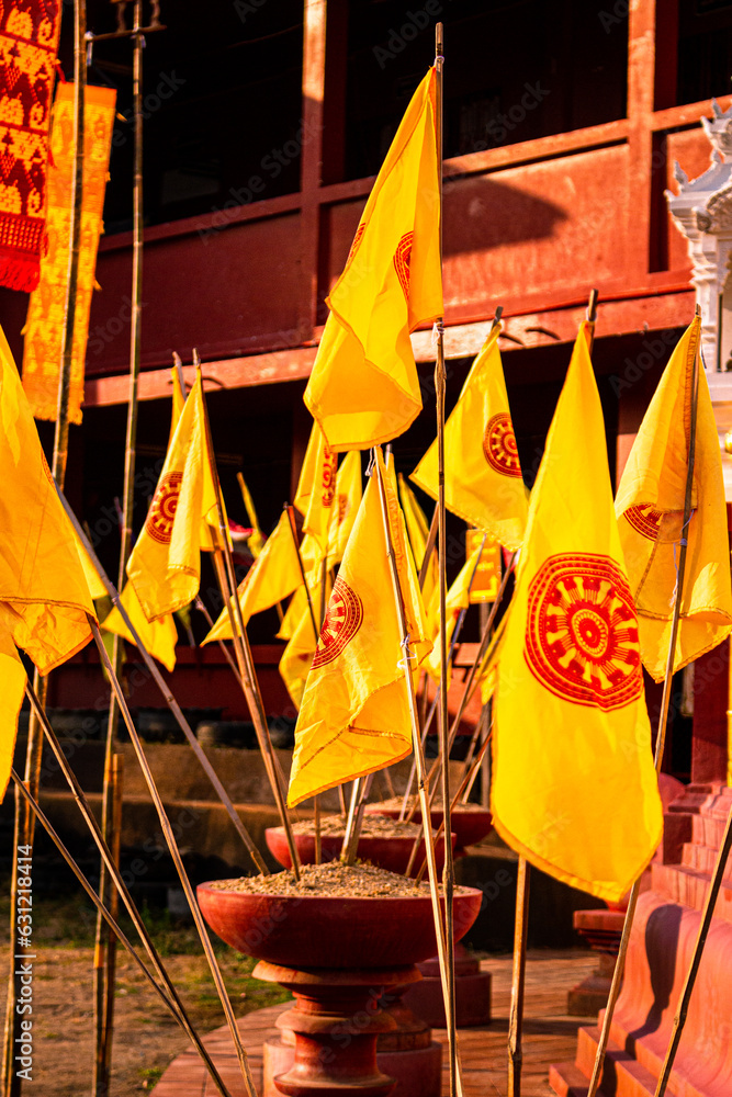 Buddhist flag : tong dhammachak (with the dharma wheels ) at Wat ...