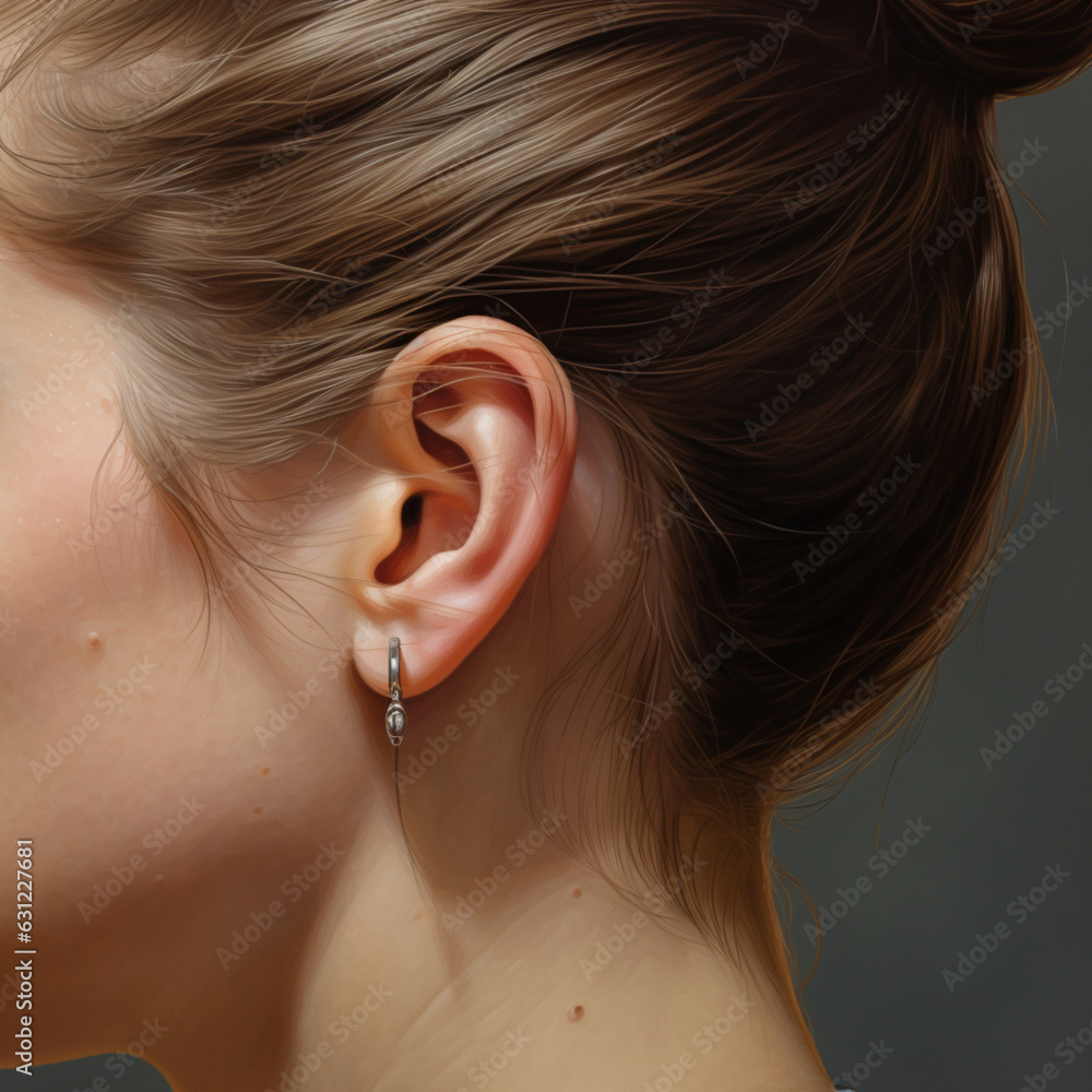 Female ear detail, side view, clean ear showing ear canal, long hair ...
