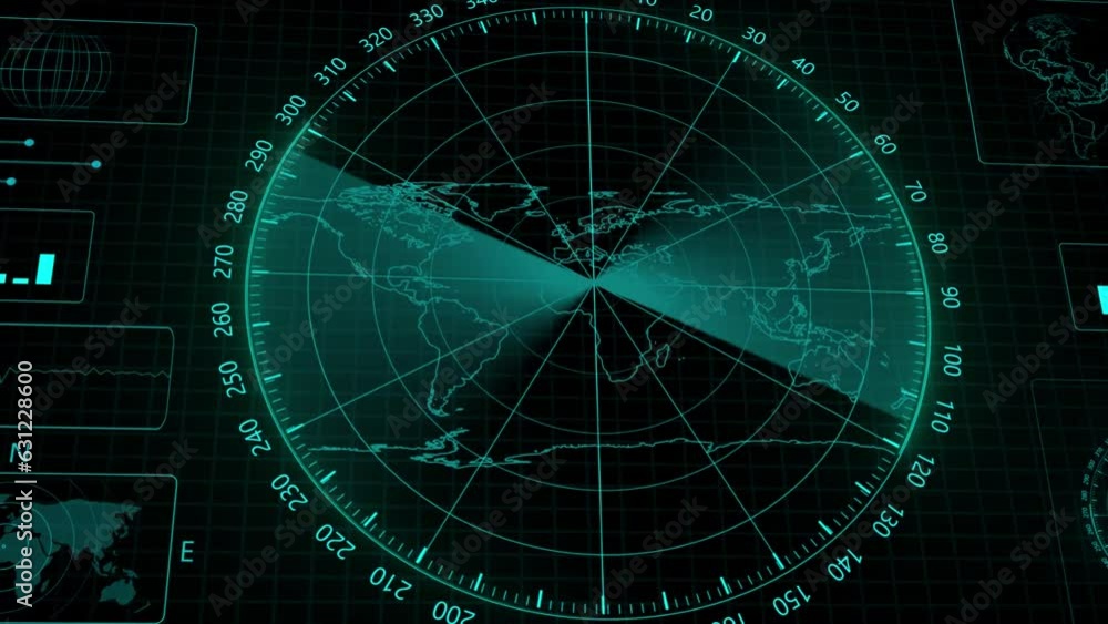 Radar screen animated, syan color 3d world map radar HUD animation. s ...