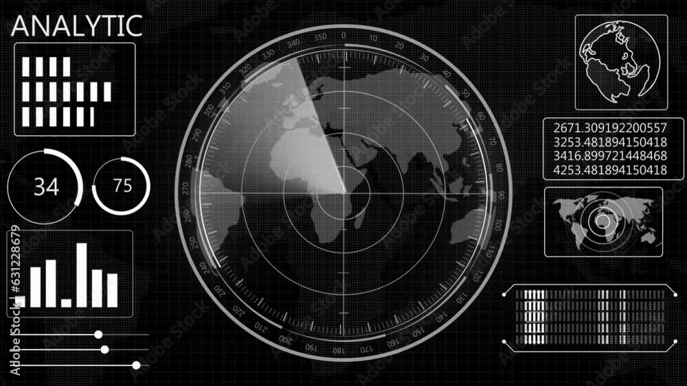 White radar screen animated, syan color 3d world map radar HUD ...