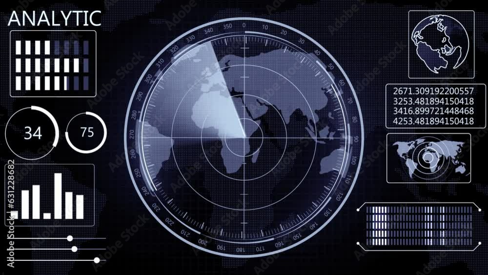 Radar screen animated, syan color 3d world map radar HUD animation. s ...