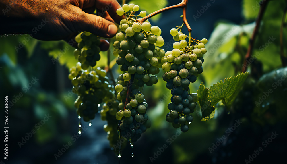 Recreation of male hand taking or picking bunches of green grapes of a ...