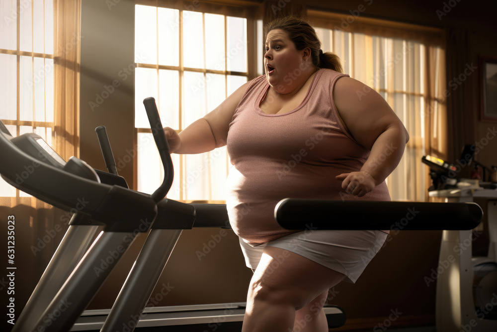 Fat Woman Exercises On A Treadmill Stock Photo | Adobe Stock