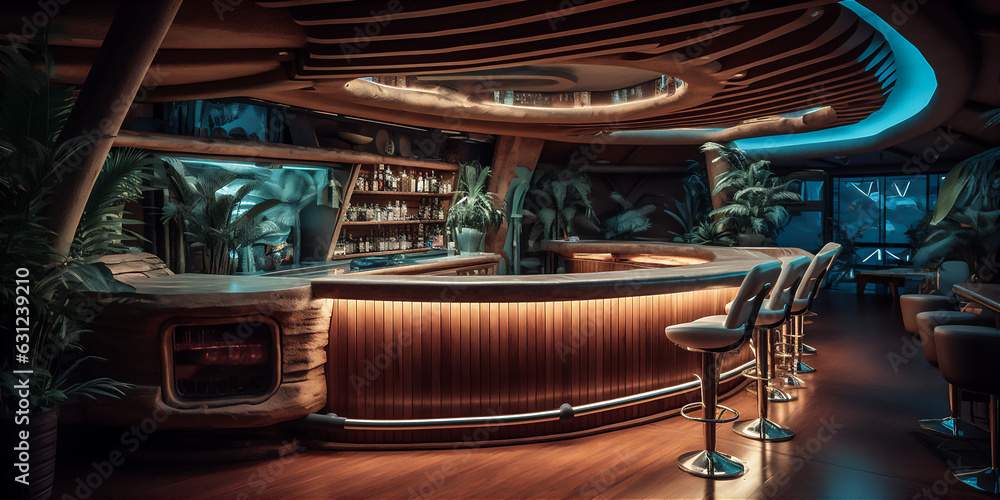 AI generative image of interior of themed Tiki Bar with its polynesian ...