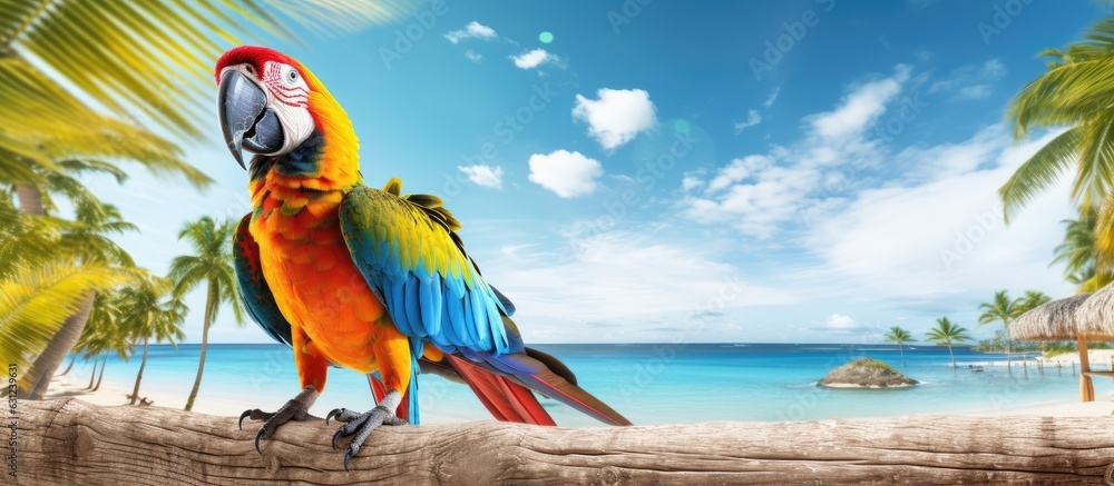 beautiful tropical scene with exotic parrot on beach with palm trees ...