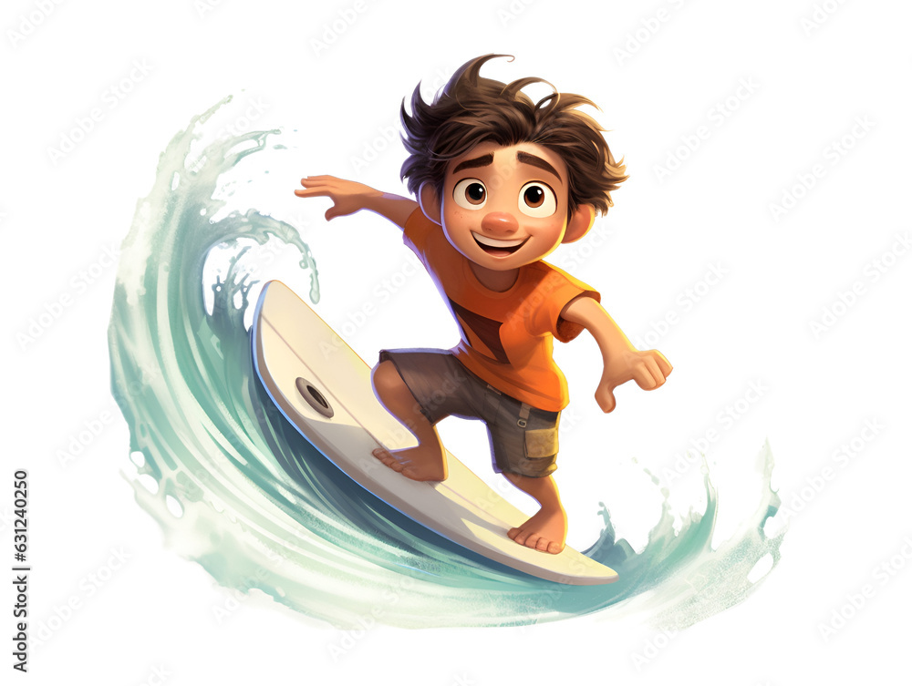 Cute surfer character surfing on beach waves sunset summer isolated on ...