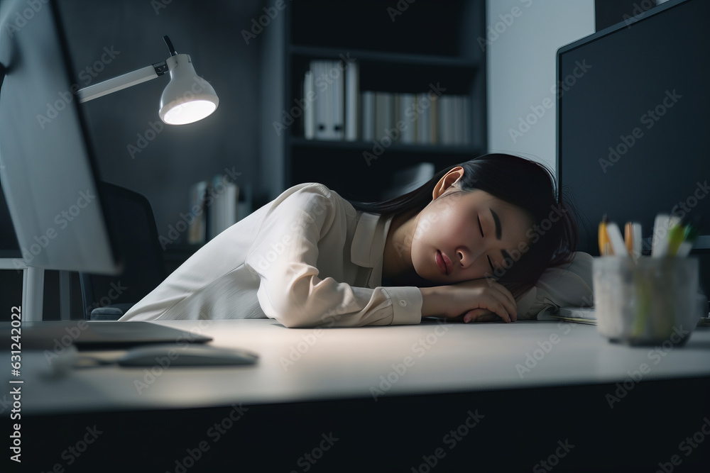 Young asian woman asleep at her office desk after a long day of ...