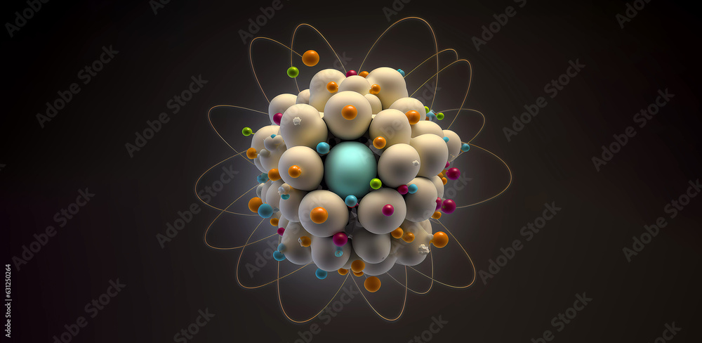 An enlarged model of an atom with a nucleus of protons on a neutral ...