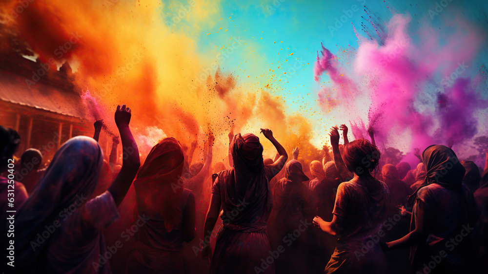 Holi festival celebration, people colorful silhouettes smear and drench ...
