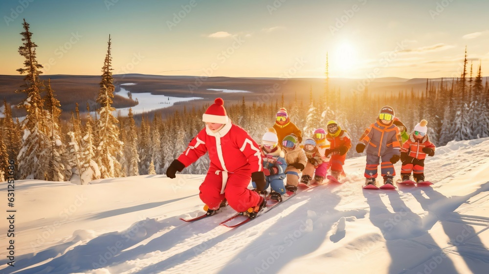 Santa Claus and children sliding down snowy hill with joyous laughter ...