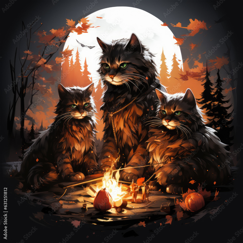 A spooky Halloween Maine Coon cat t-shirt design set in a mysterious ...