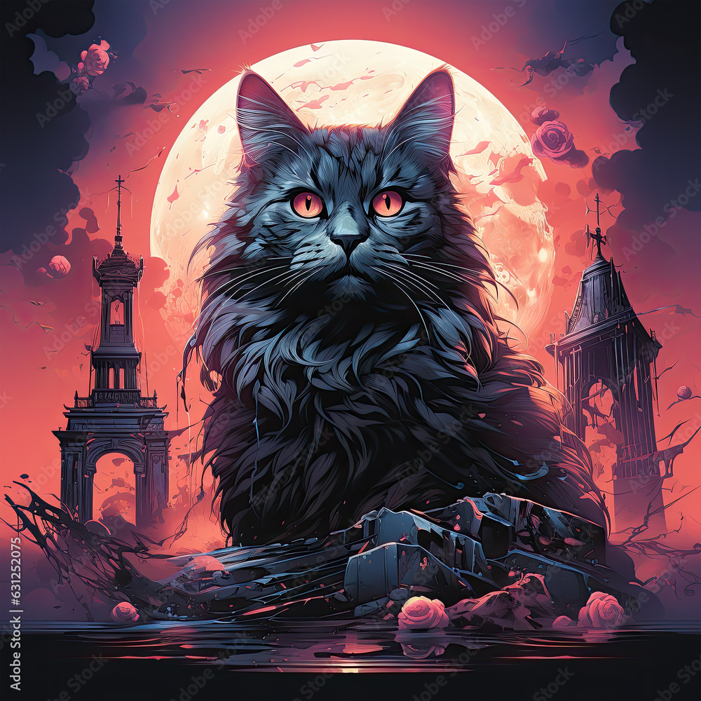 A spooky Halloween Maine Coon cat t-shirt design set in a mysterious ...