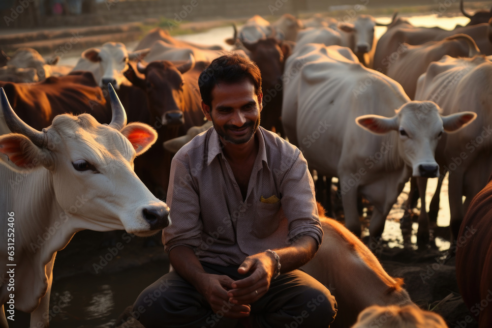 Senior indian man taking care of cow in dairy or cattle farm in village ...