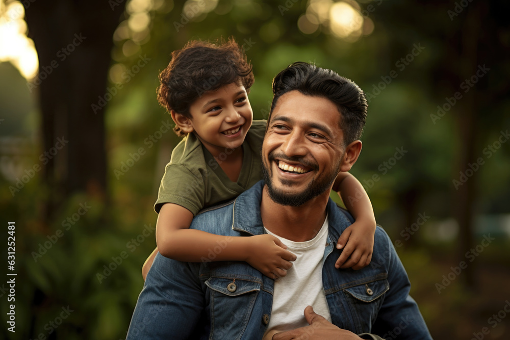 Indian young father and small kid playing, cuddling, flying plane ...