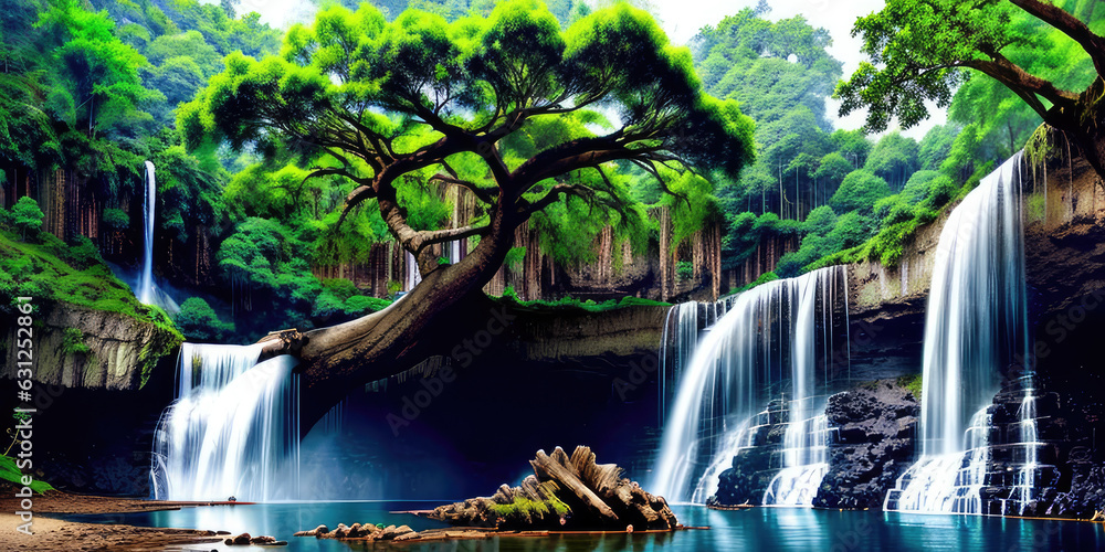 Beautiful big tree and waterfall landscape for background Stock Photo ...