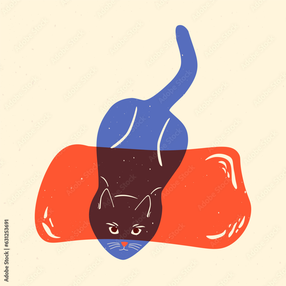 Cartoon risograph cat. Cute pet character overlay riso print style ...