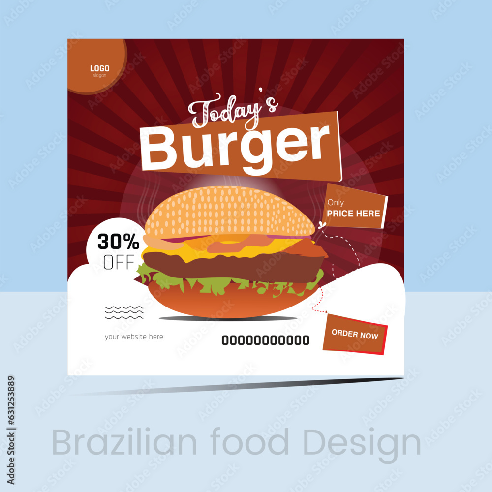 red color Burger social media feed post template social media Instagram ...