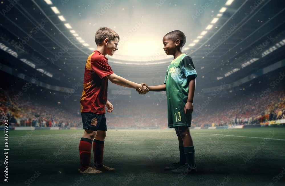 Two boys shaking hands on stadium background, as a concept of ...