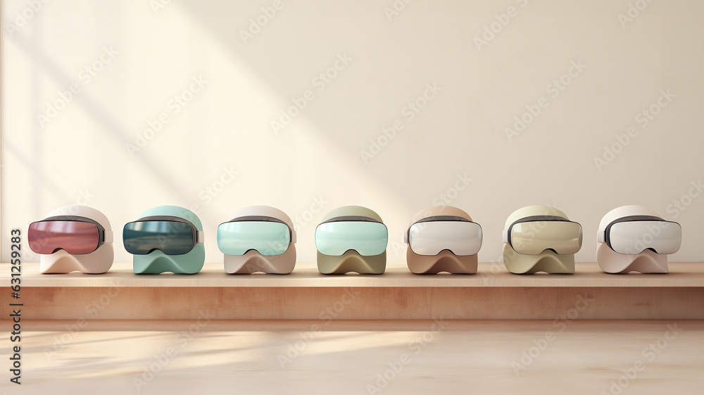 Futuristic pastel colored VR headset goggles on product podium. Copy ...